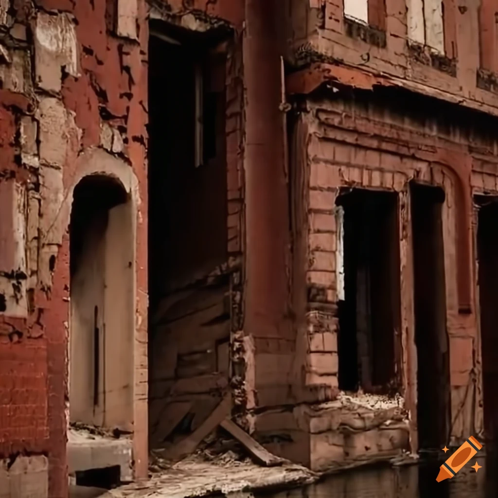 Close-up of crumbling abandoned brick buildings sinking into ocean in a ...