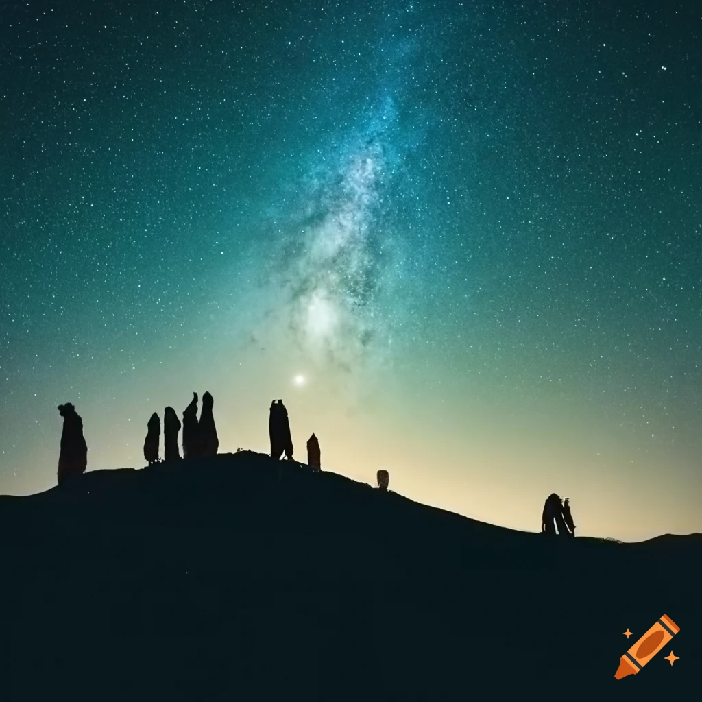 Group of traders in the arid desert guided by lanterns under a star ...