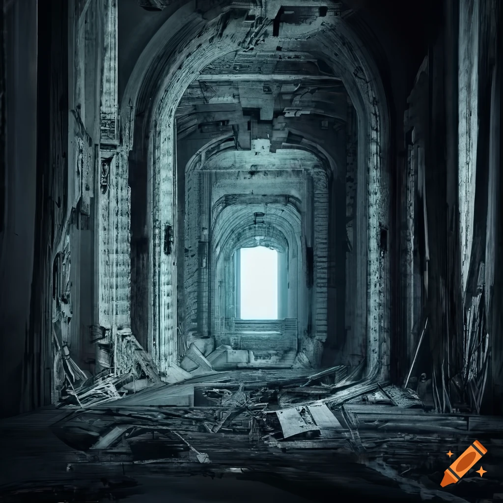 Interior of abandoned futuristic megastructure with large cables on ...