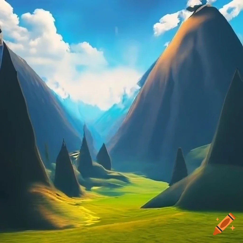 Super mario 64 tall, tall mountain landscape on Craiyon