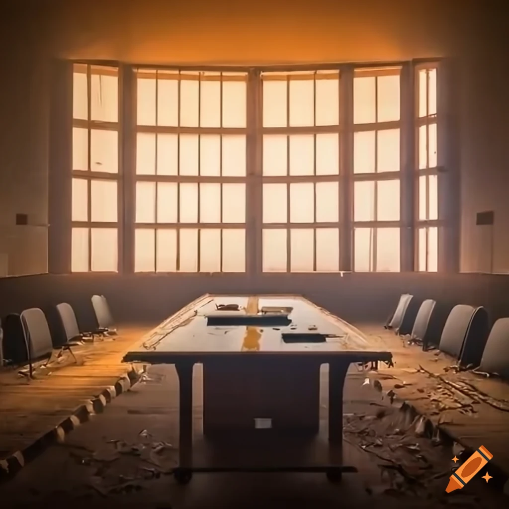 Abandoned conference room in amber fog with long industrial windows on ...