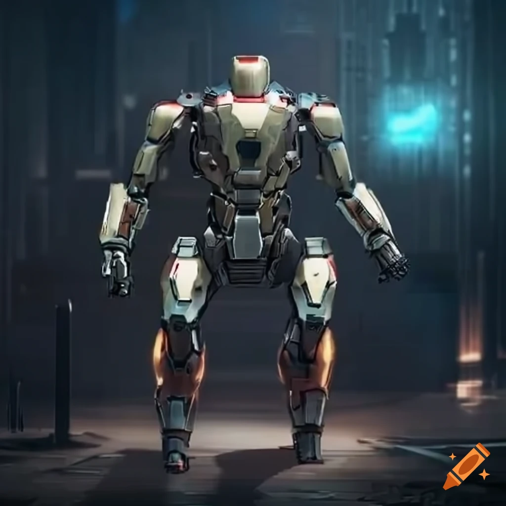 Intricately designed and powerful mech with an athletic lead suiting up ...