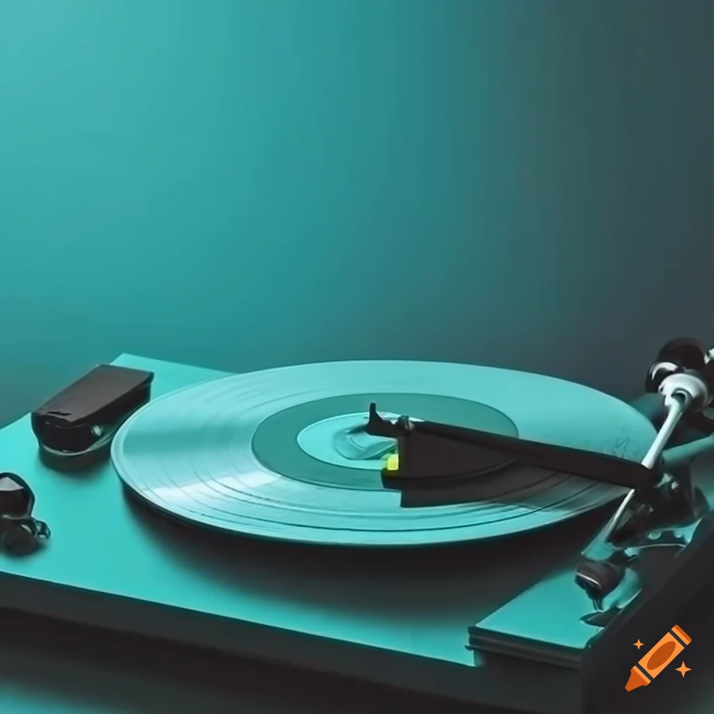 Organized vinyl record collection on a teal turntable on Craiyon