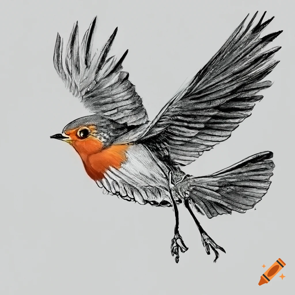 Realistic color pencil drawing of a flying robin on white background on ...