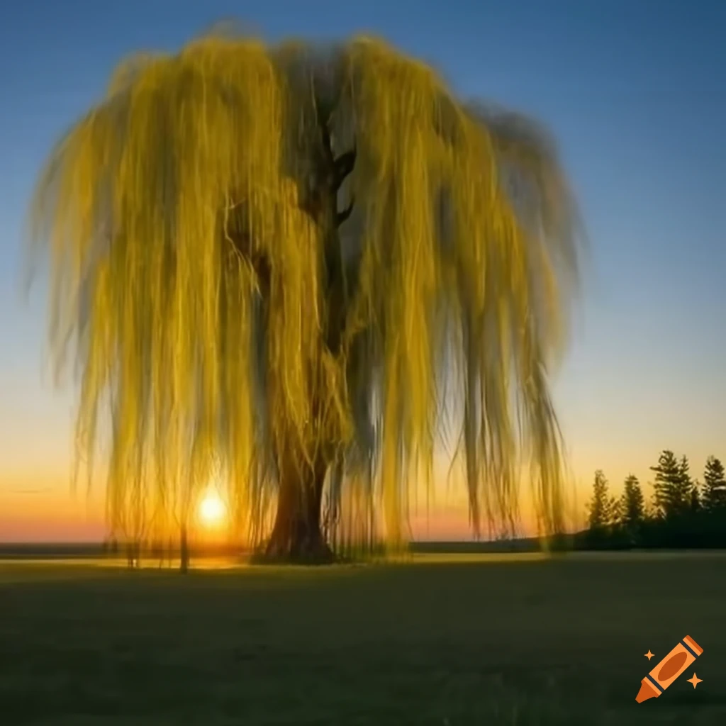 Weeping willow tree with white bear at sunset in the mountains on Craiyon