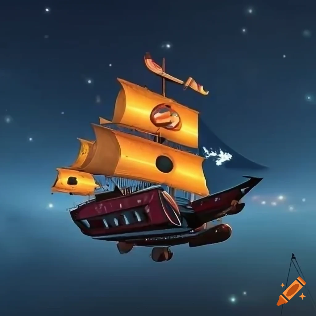 Detailed solar punk ship with rocket engines flying by stars, planet ...