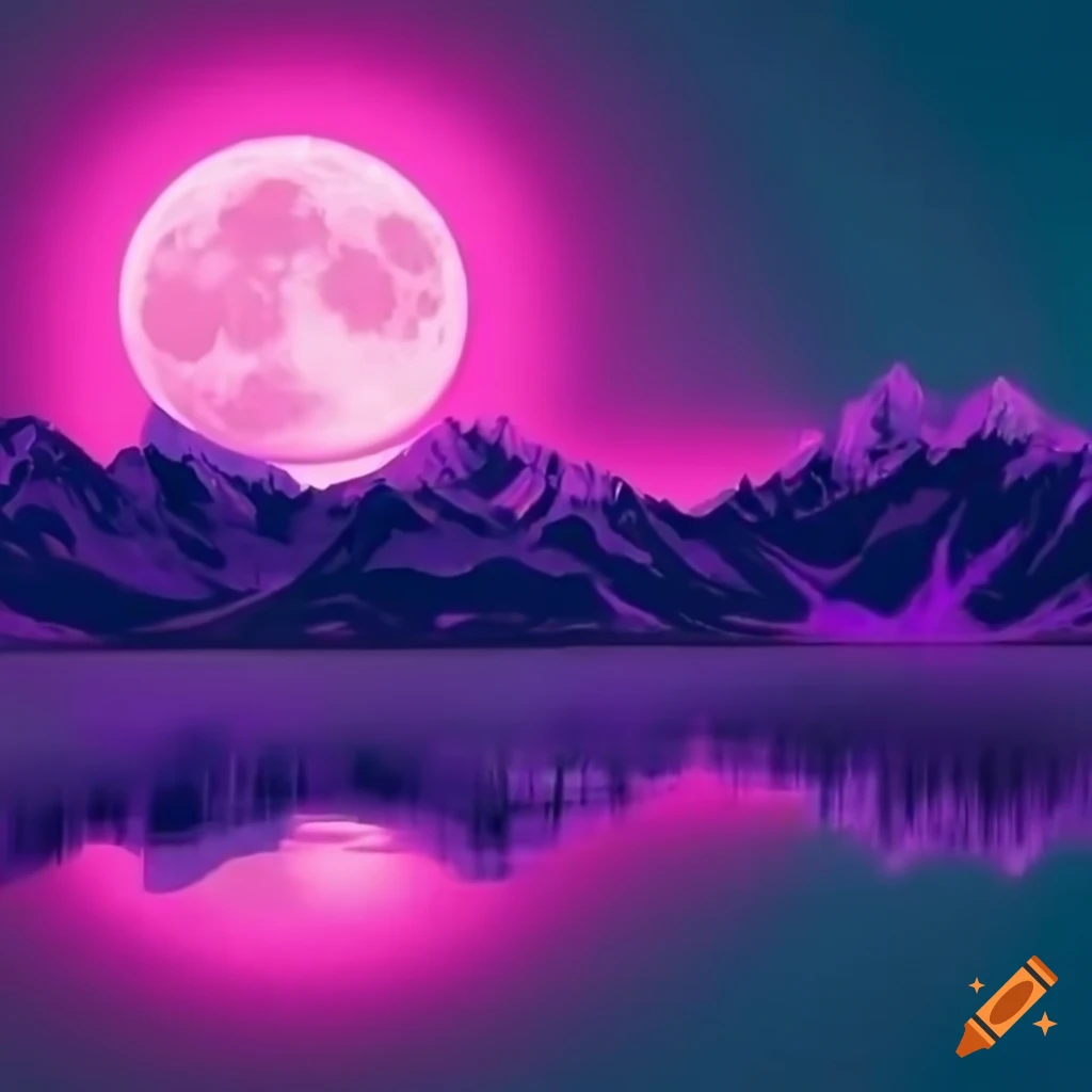 Mountain landscape with a full moon in pink/purple synth wave style on ...