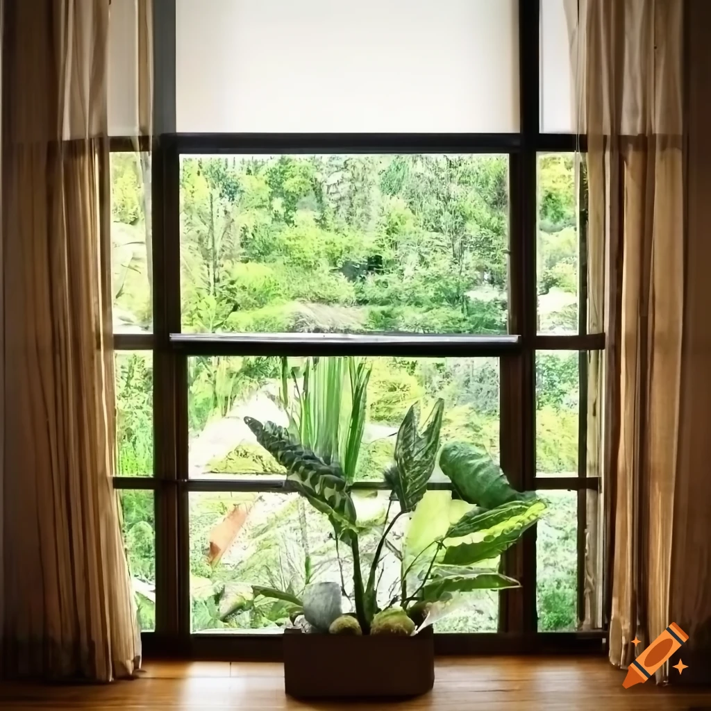 View through a large modern window into a well-furnished living room ...