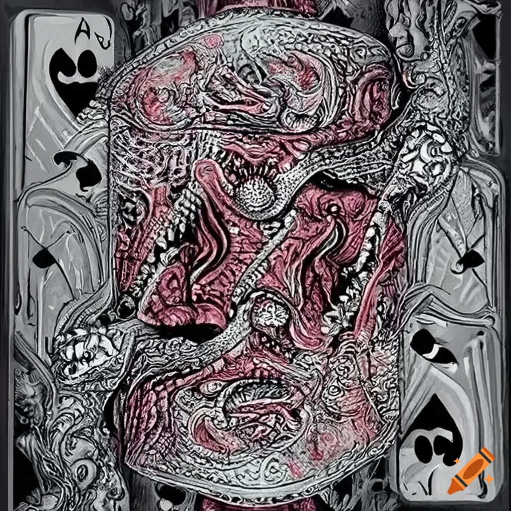 Surrealist bizarre joker playing card with weird motifs and textures on ...