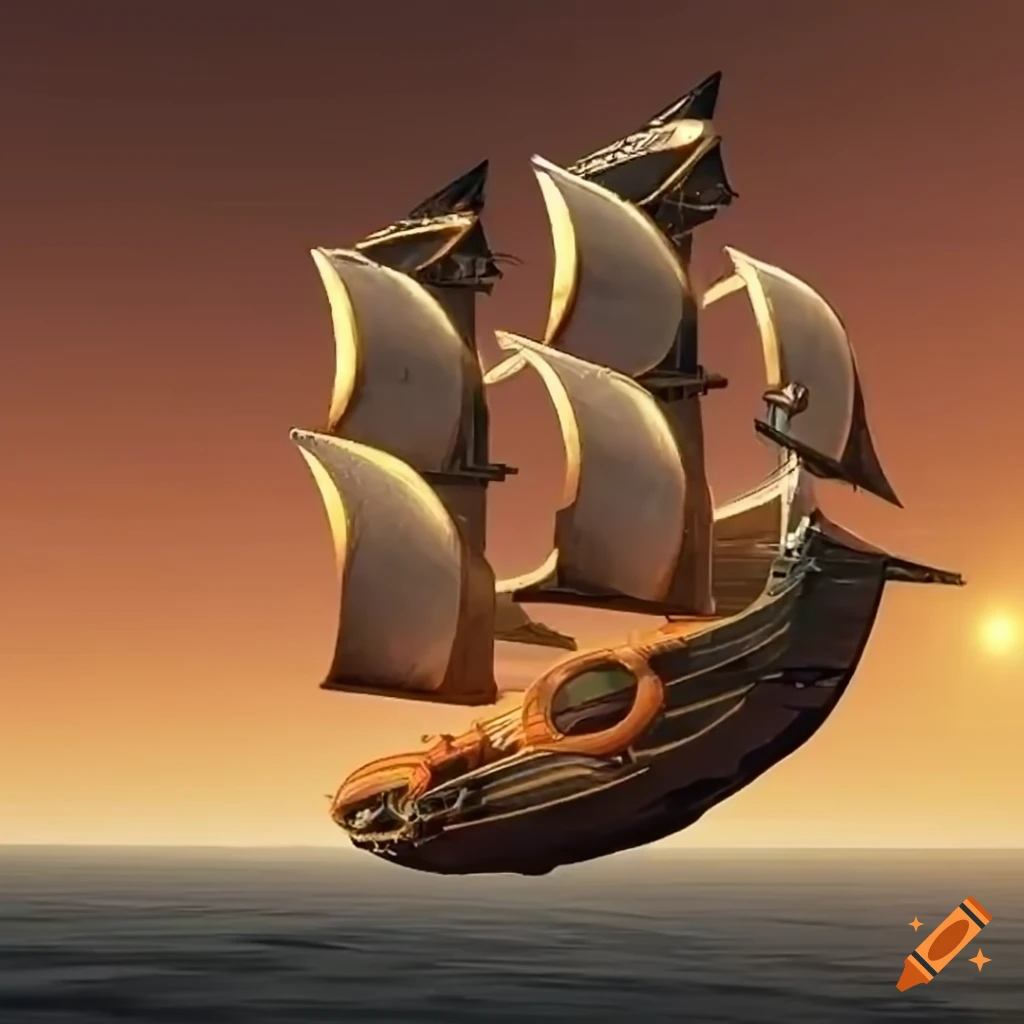 Detailed solar punk sailing vessel with rocket engines flying through ...