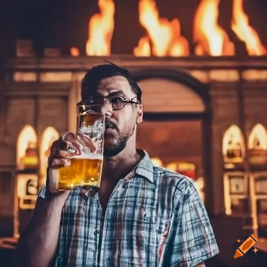 Man enjoying beer in front of burning supermarket on Craiyon