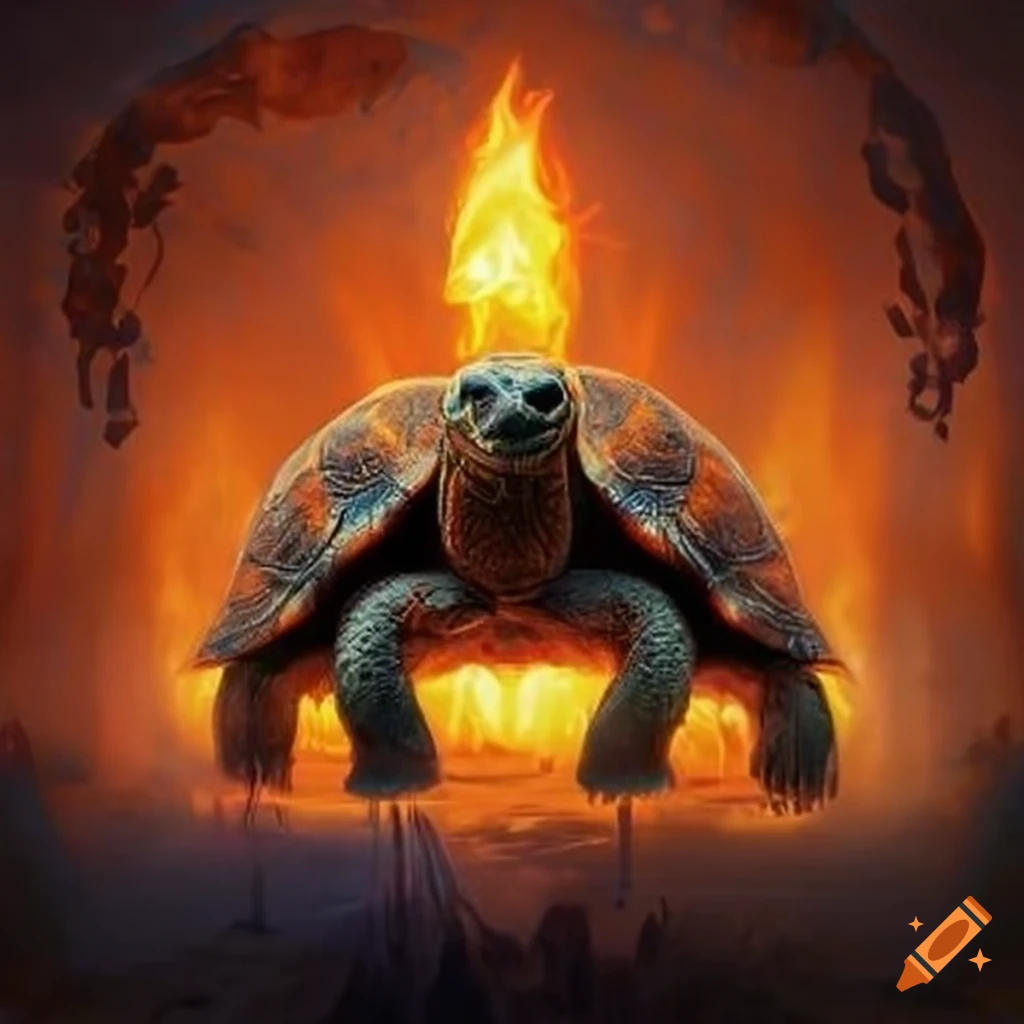 Turtle god emerging from a fiery gateway on Craiyon