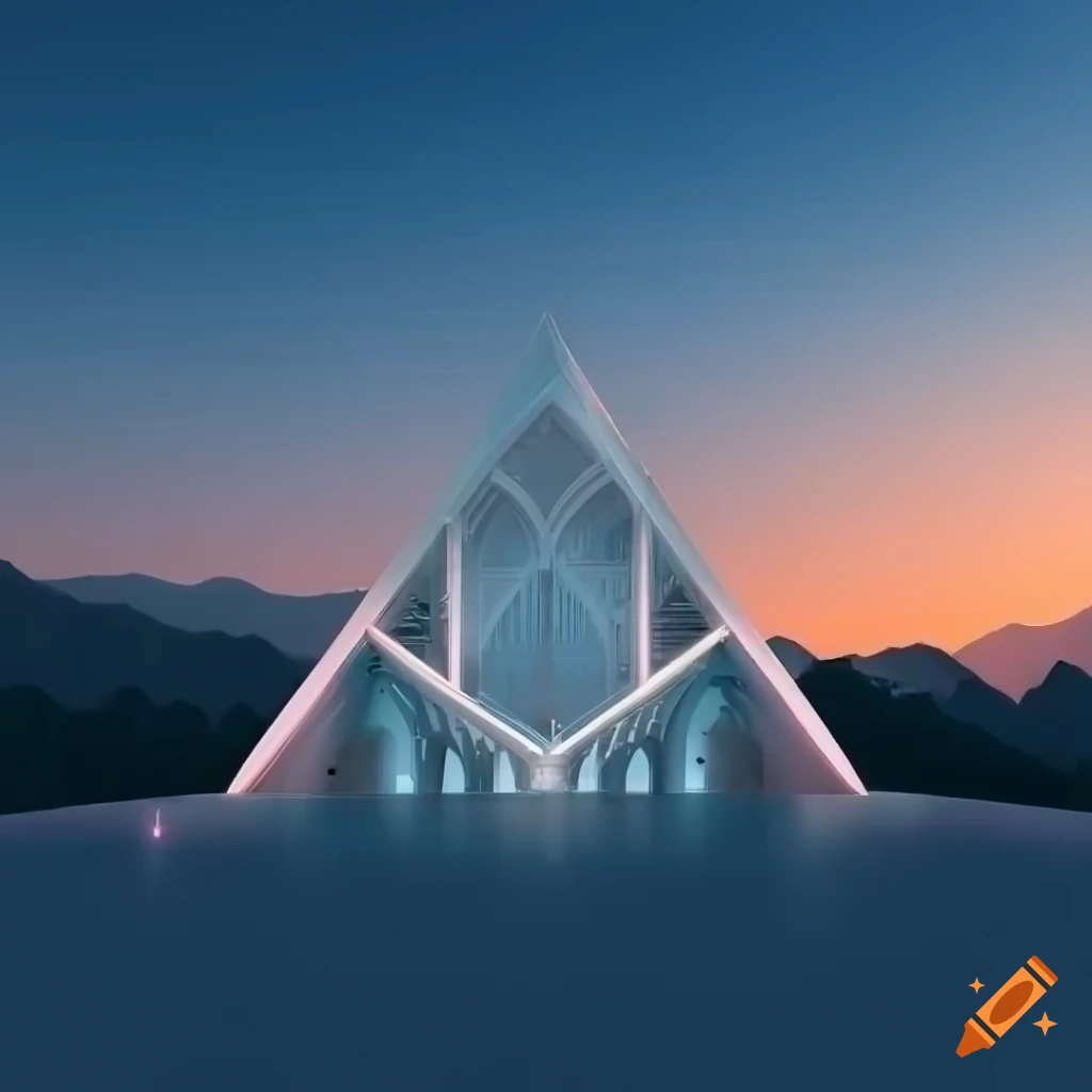 Minimalist and elegant futuristic gothic church exterior with glowing ...