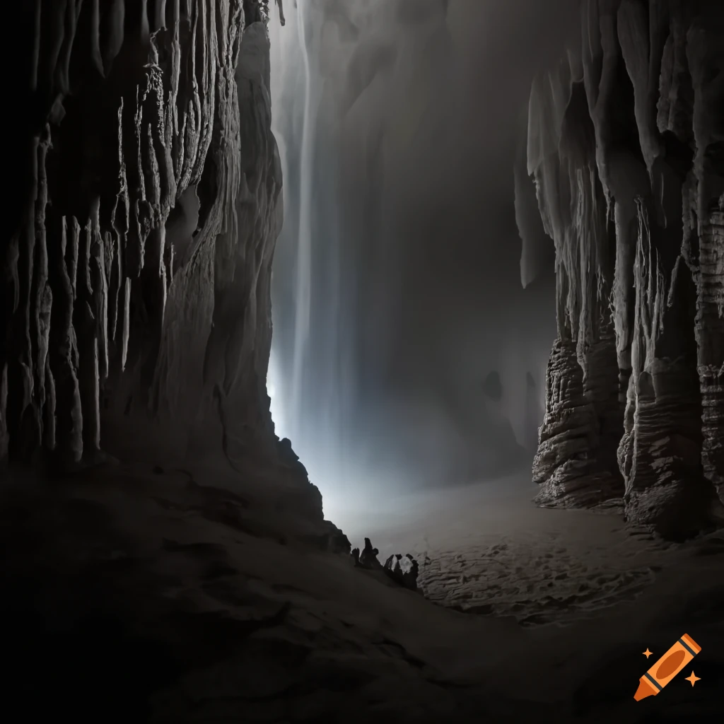 Dark cavern with bottomless pits, stalactites, stalagmites, and ...