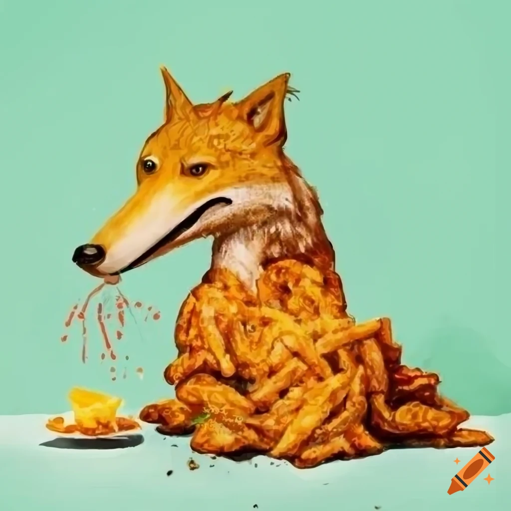 Whimsical illustration of a wolf eating a fried potato on Craiyon