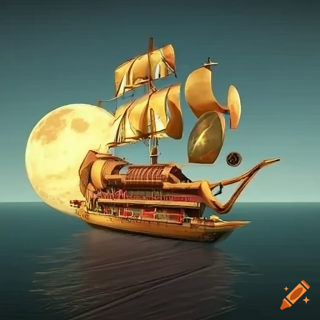 Detailed Treasure Planet solar punk ship with rocket engines flying by ...