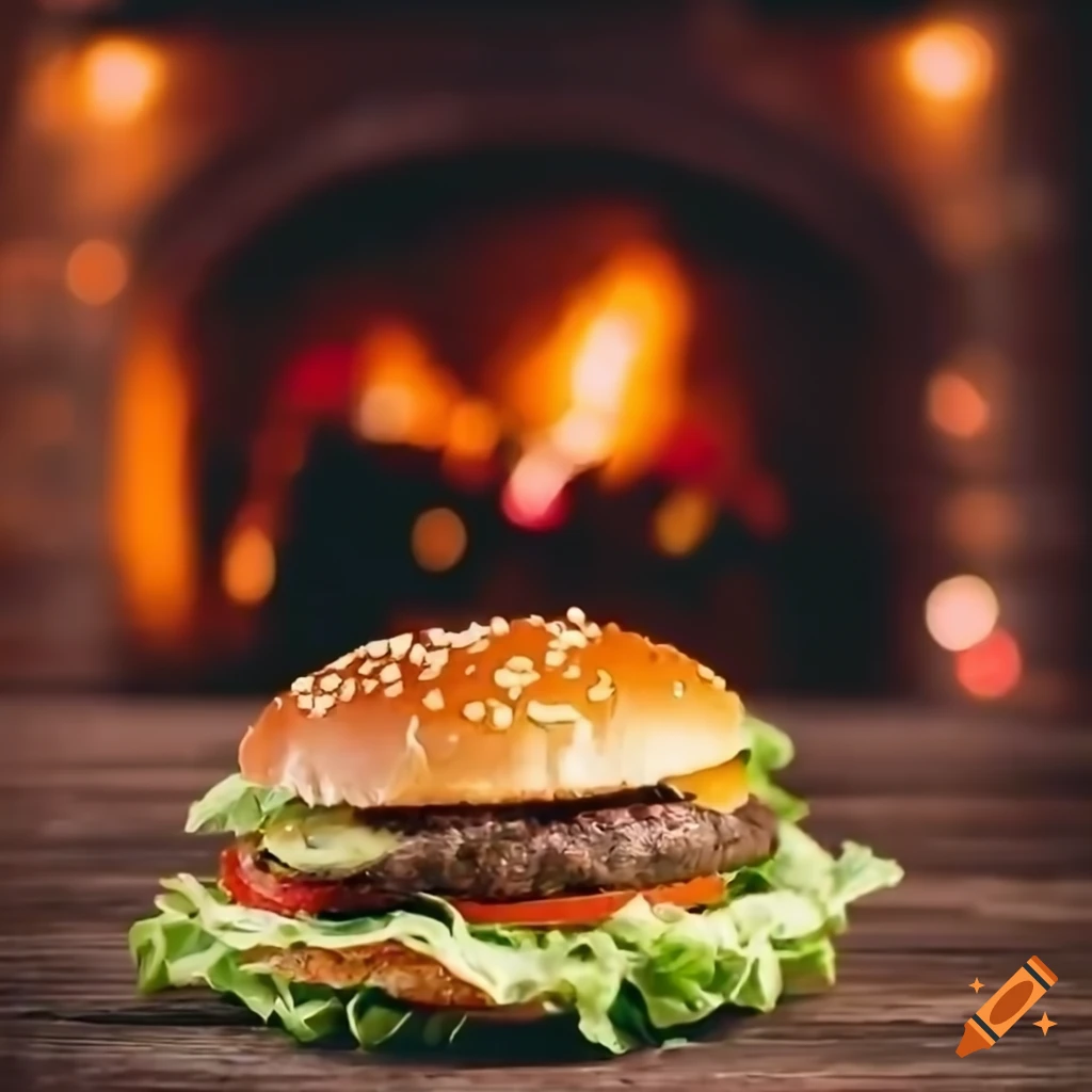 Delicious burger on a wooden table with warm lights and fireplace in ...
