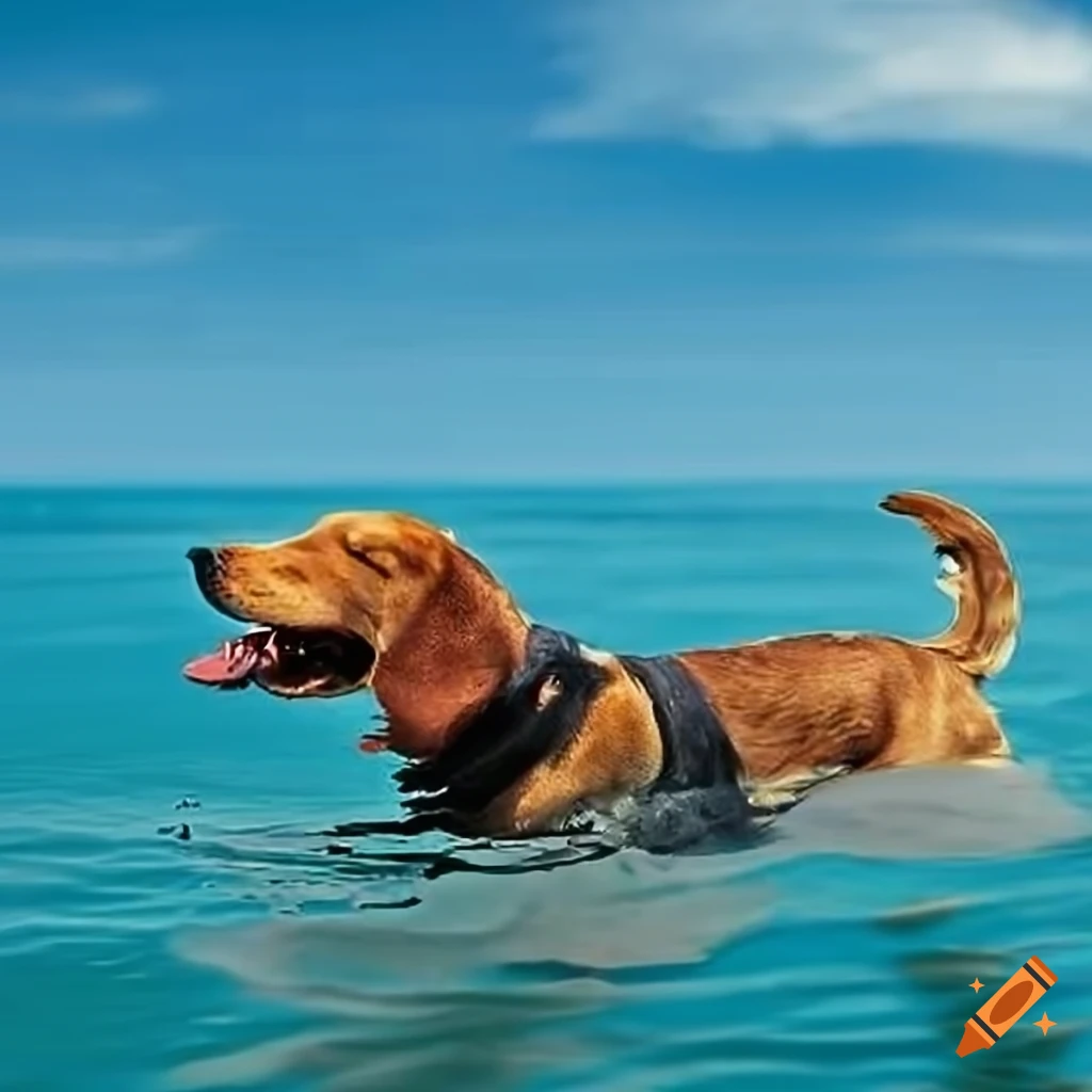 Dog swimming in the sea with open blue sky and birds flying in the ...