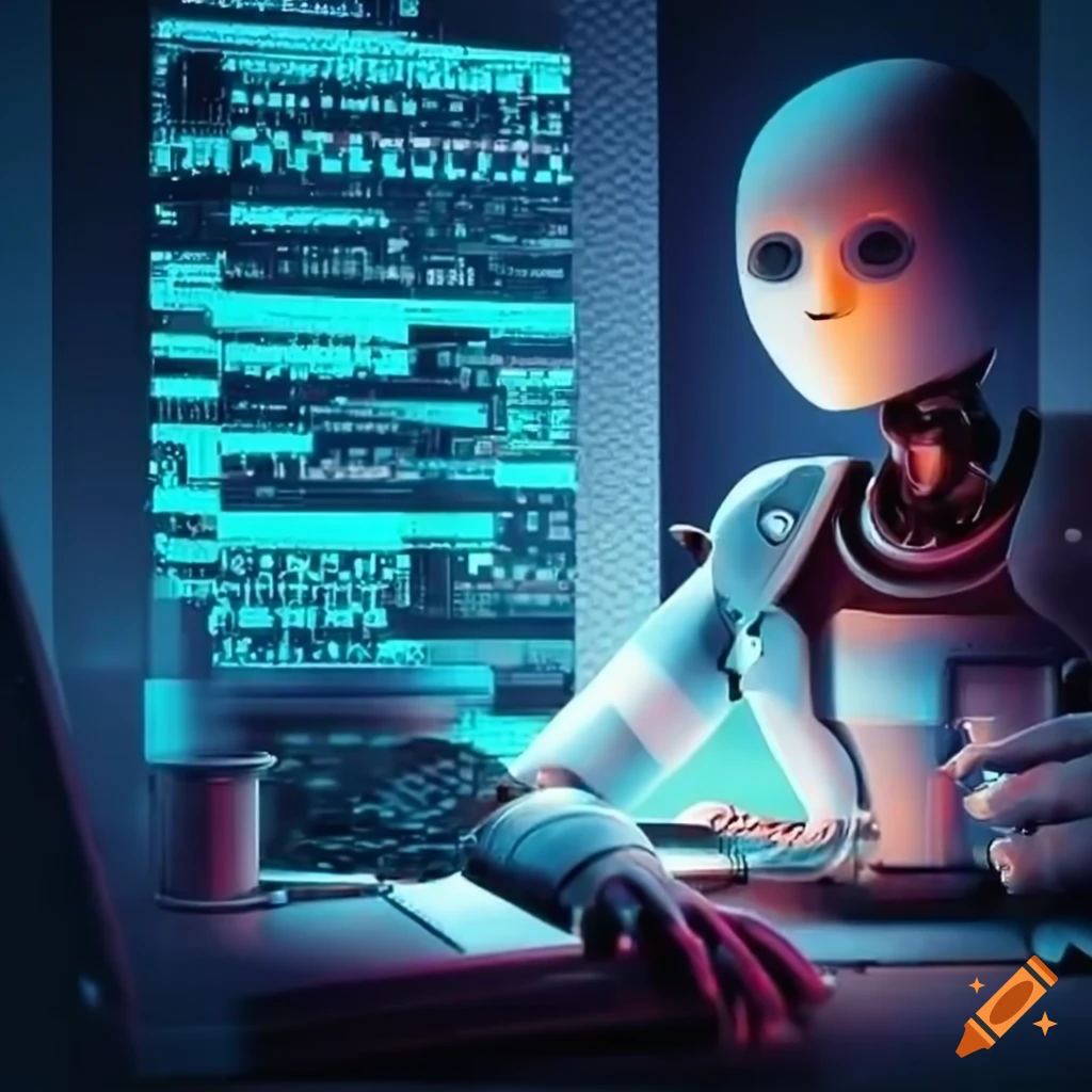 Developer writing automation code in front of a machine on Craiyon