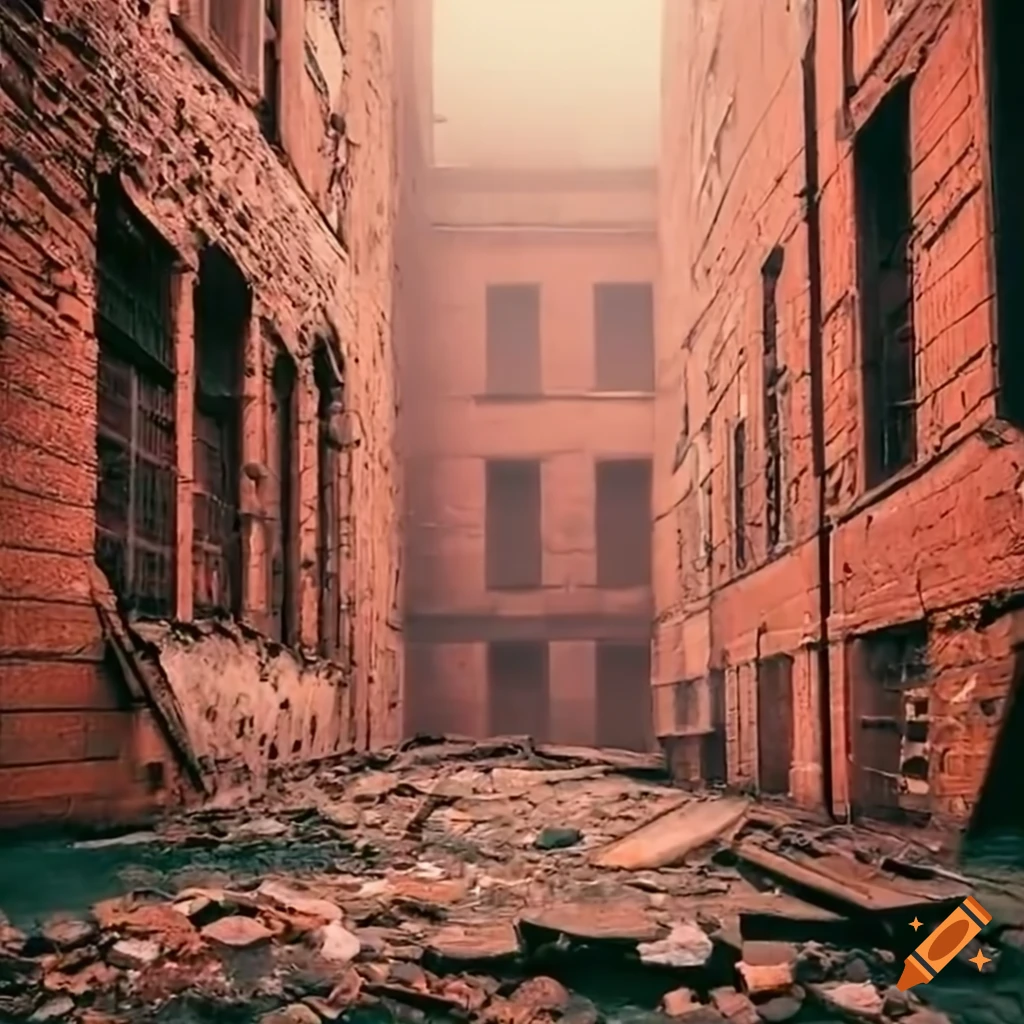 Close-up of abandoned brick buildings sinking into the ocean in a pale ...