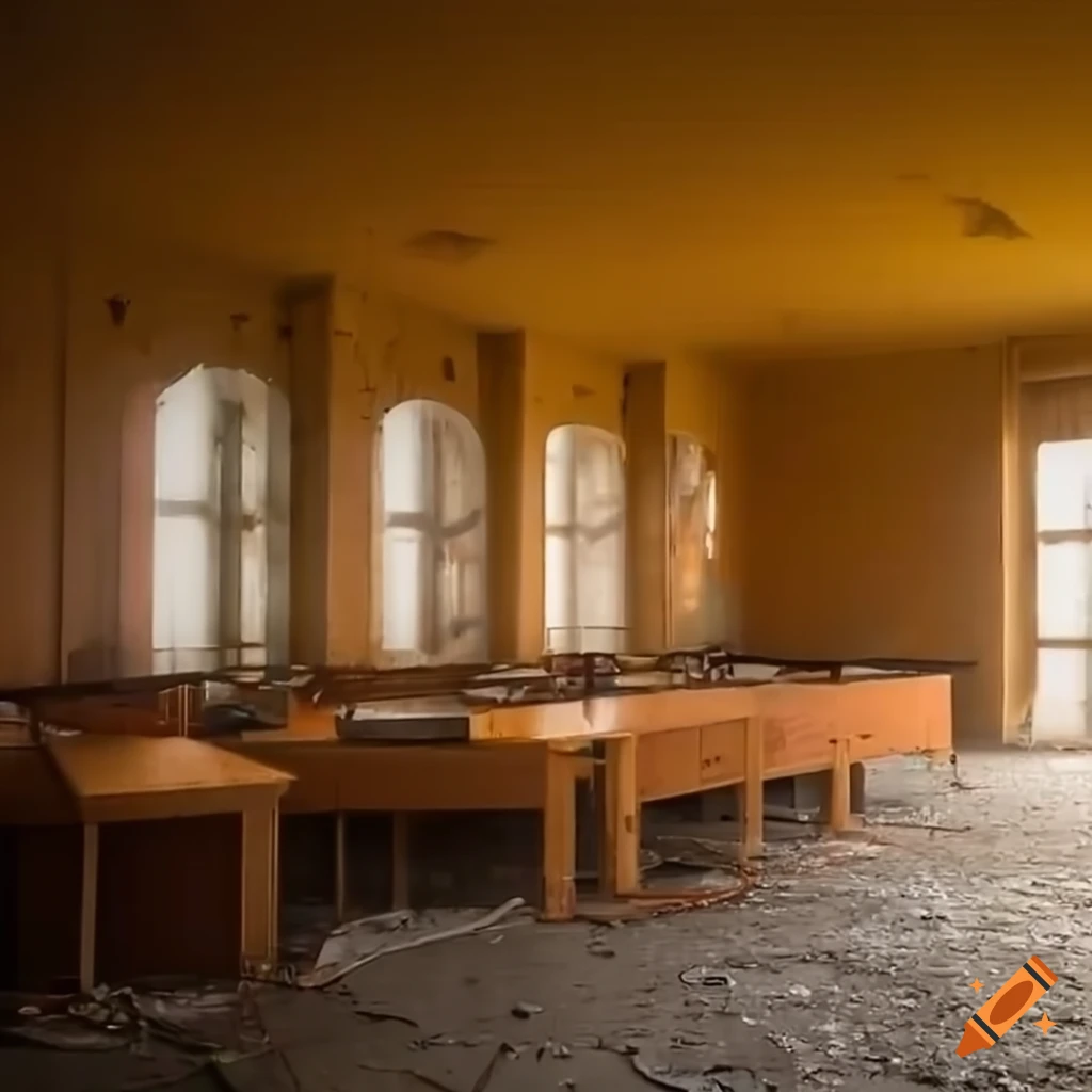 Abandoned conference room in amber fog with long horizontal industrial ...
