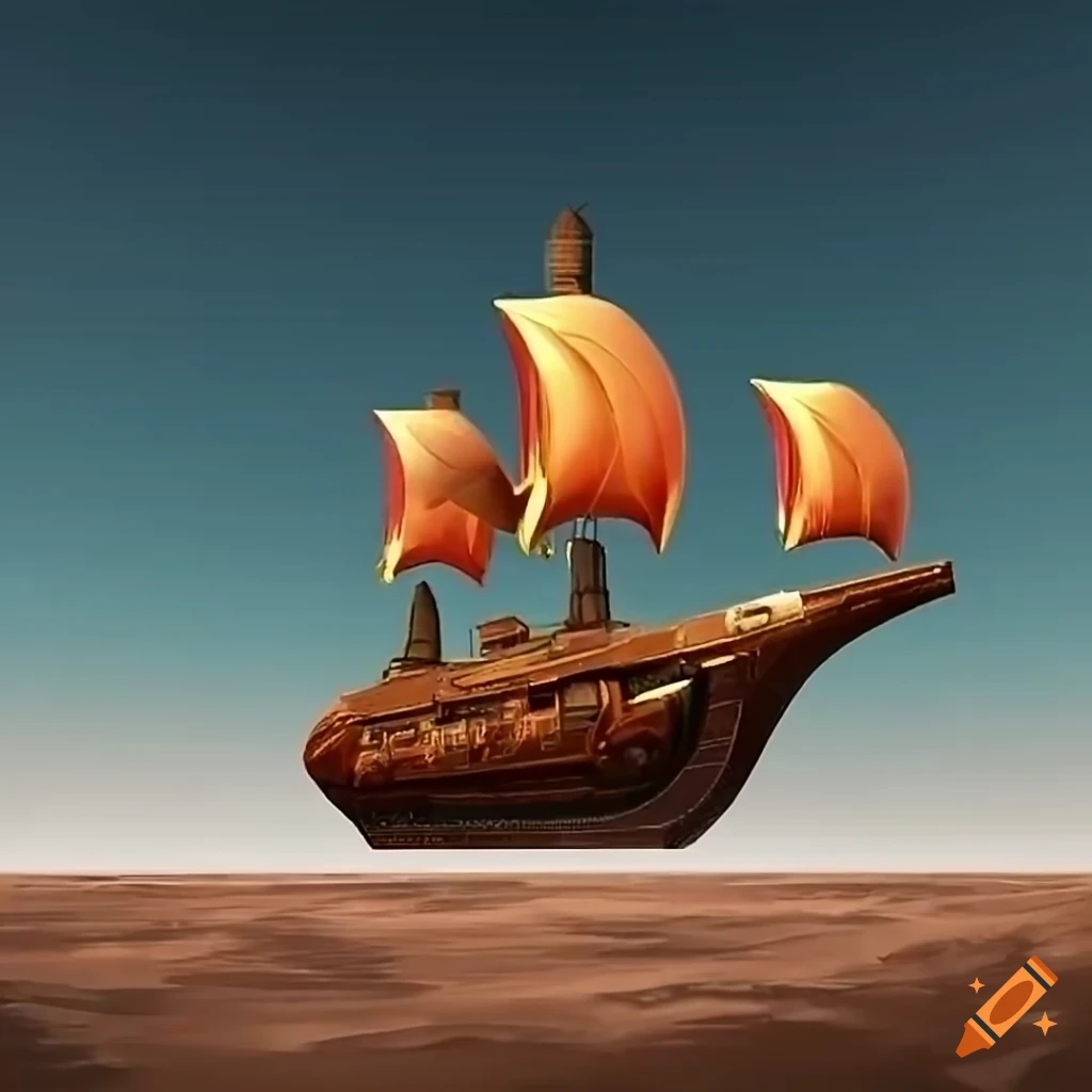 Solar punk sailing vessel with rocket engines flying by stars and ...