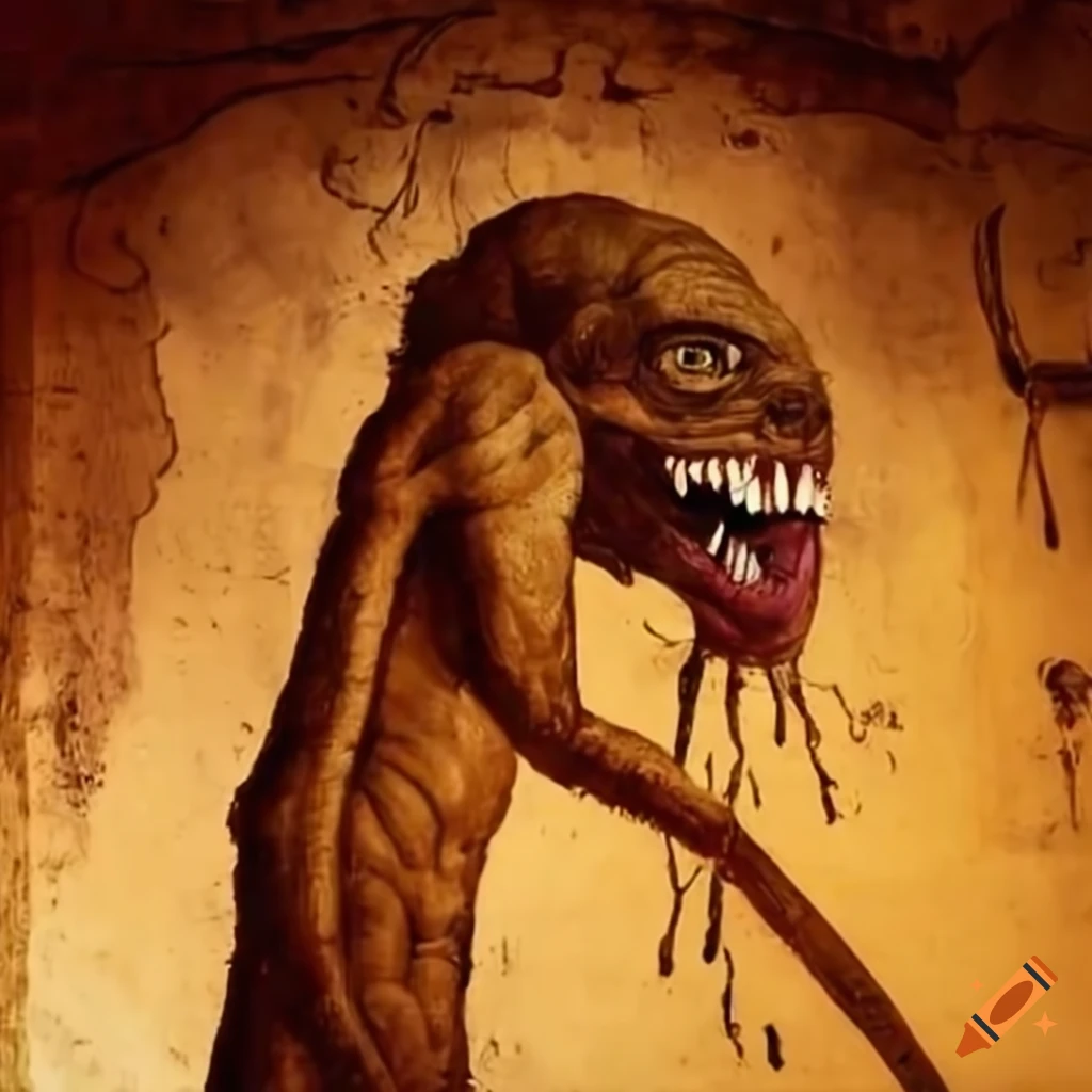 Ancient mural of a terrifying creature with elongated mouth, people ...