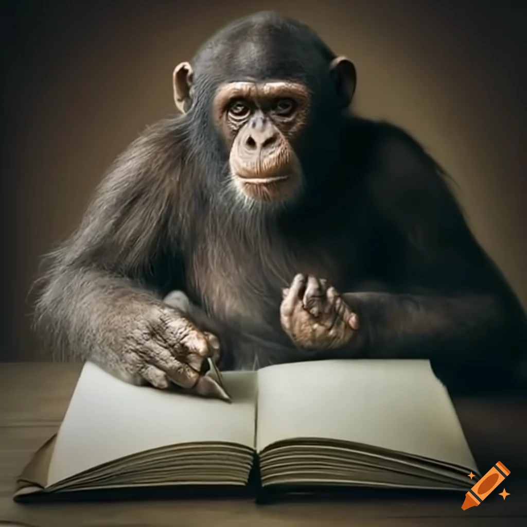 Chimpanzee writing a book on Craiyon