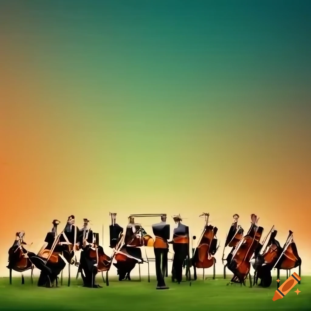 Symphony orchestra performing on a green lawn with a sunset backdrop on ...