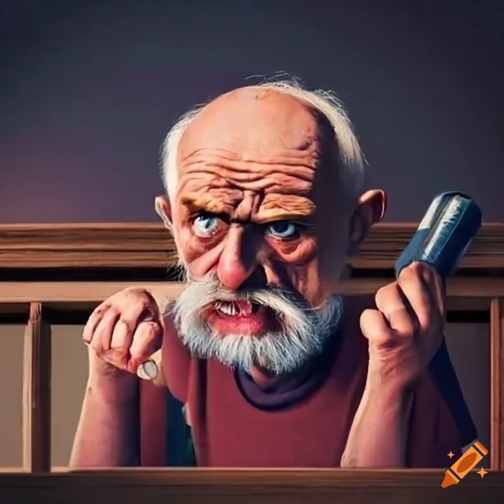 Grumpy old man on balcony overlooking Ollie's Bar on Craiyon