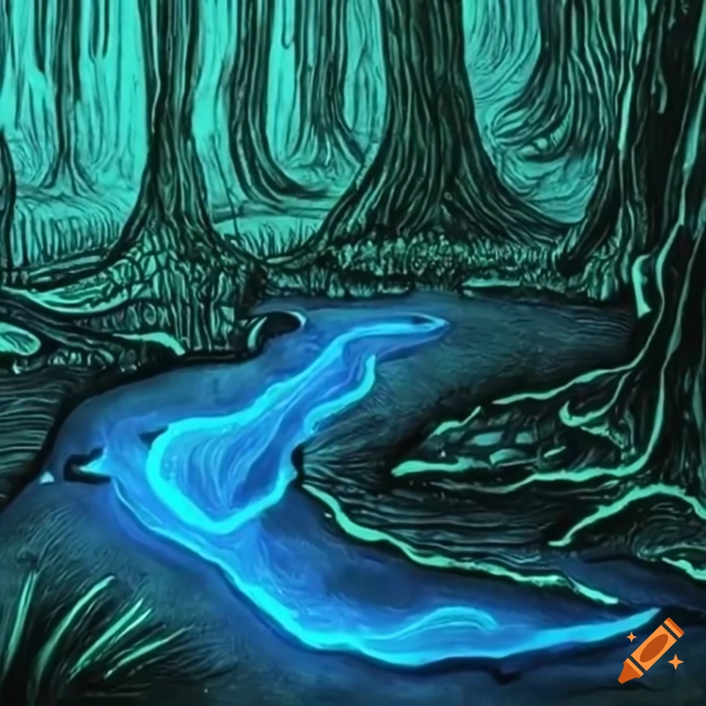 Glowing bioluminescent underground rainforest on Craiyon