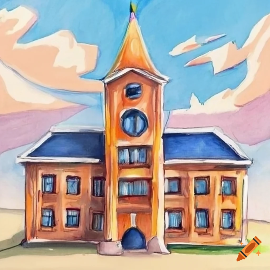 Color pencil sketch of a school building on Craiyon