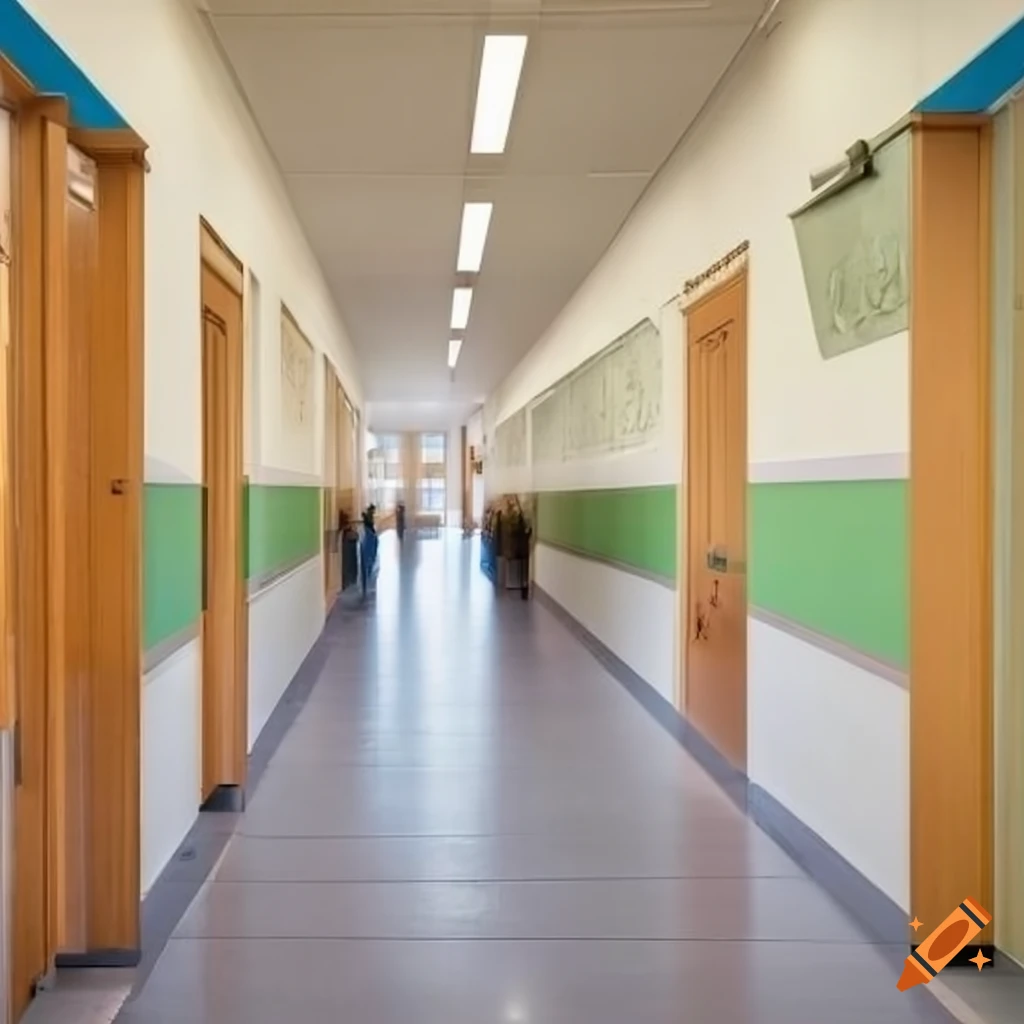 School corridor with classrooms and a hall on Craiyon
