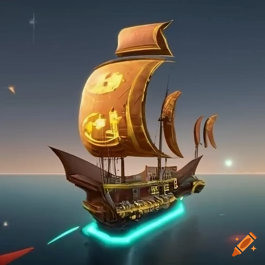 Detailed solar punk sailing vessel with rocket engines flying by stars ...