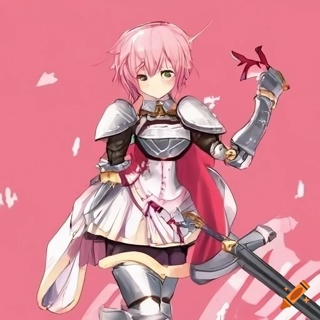 Anime-style cute emboy knight with pink hair, sword, and shield on Craiyon