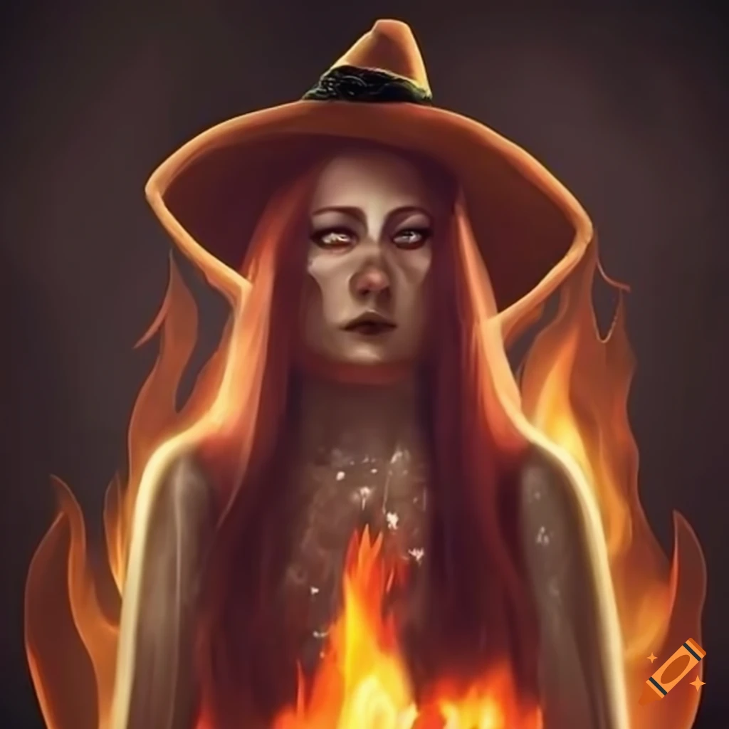 Heartbroken witch surrounded by fire on Craiyon