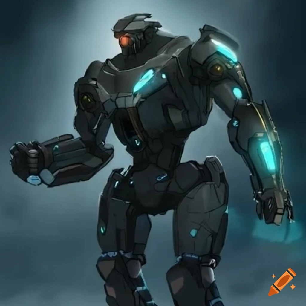 Sleek and powerful mech suit with intricate design and athletic lead ...