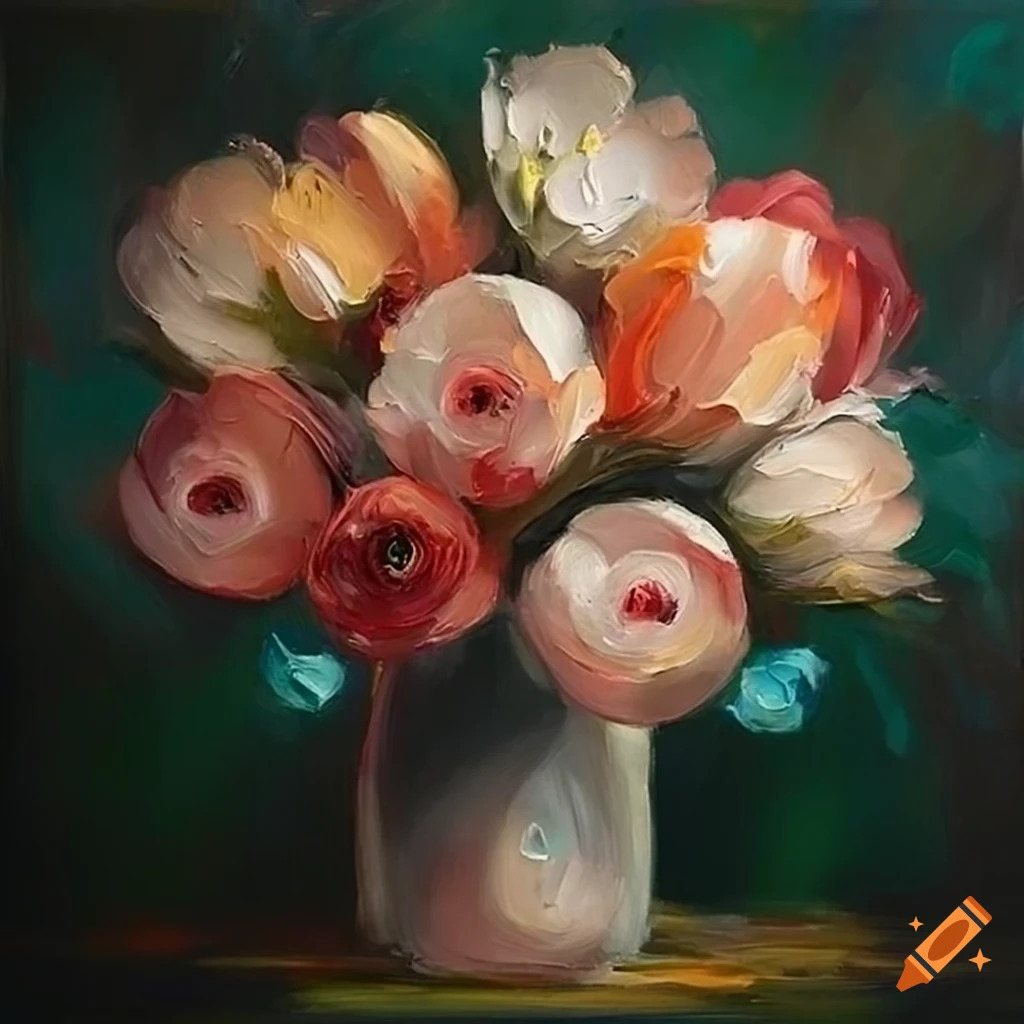 Light-colored flower bouquet painted in oil on canvas on Craiyon