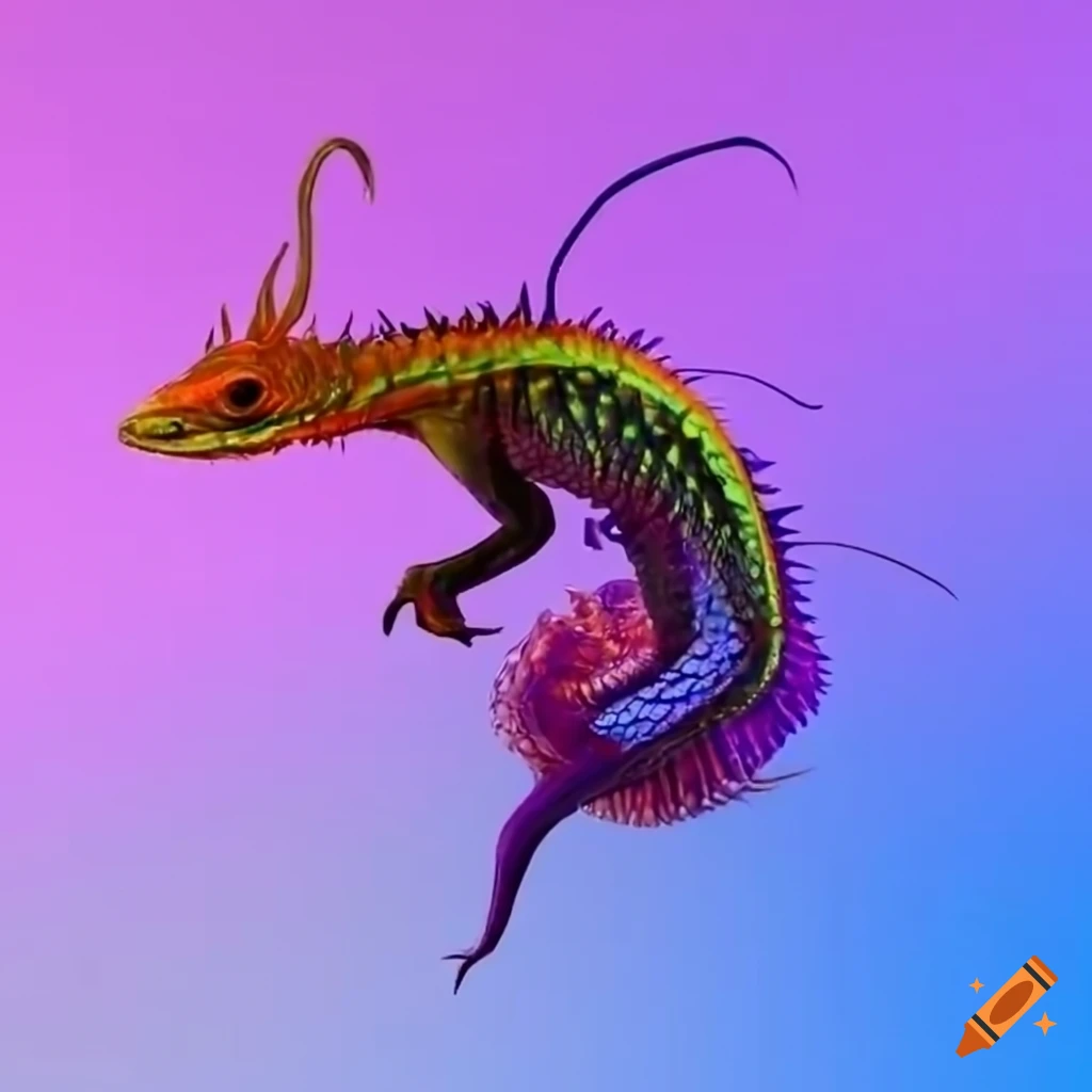 Colorful slender beast with translucent wings and iridescent scales on ...