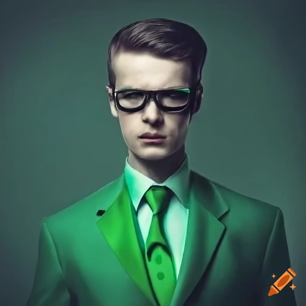 Man in green business suit and question mark tie named riddler on Craiyon