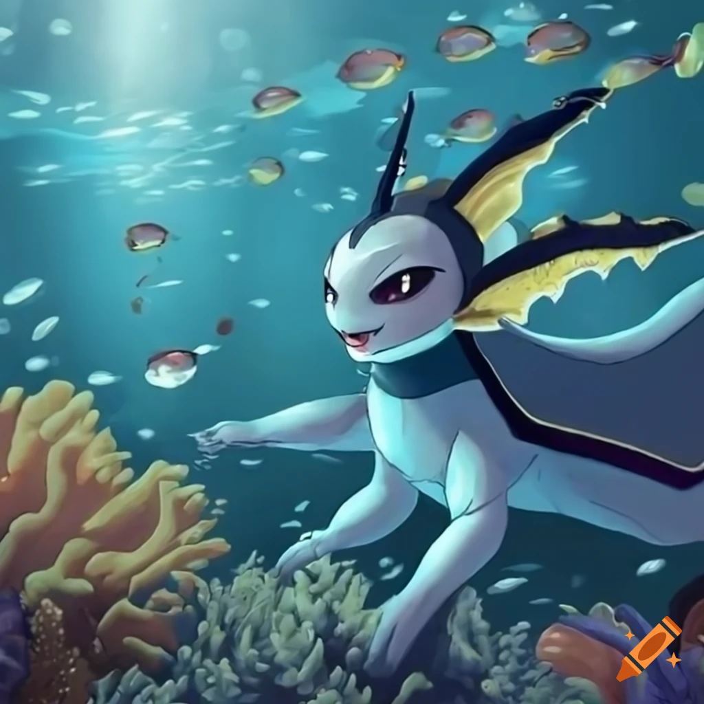 Vaporeon swimming near a coral reef in detailed Pokemon fan art on Craiyon