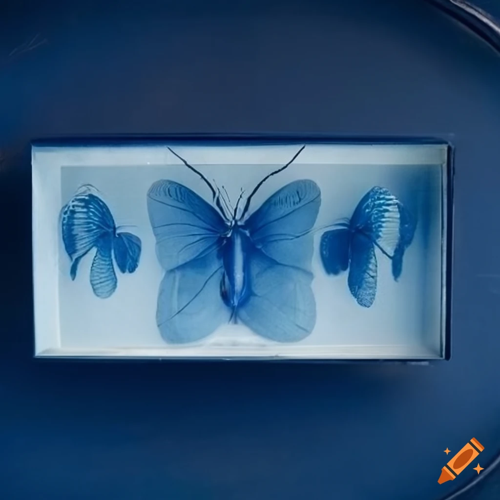 Cyanotype photo of a strange insect specimen box by rene lalique on Craiyon
