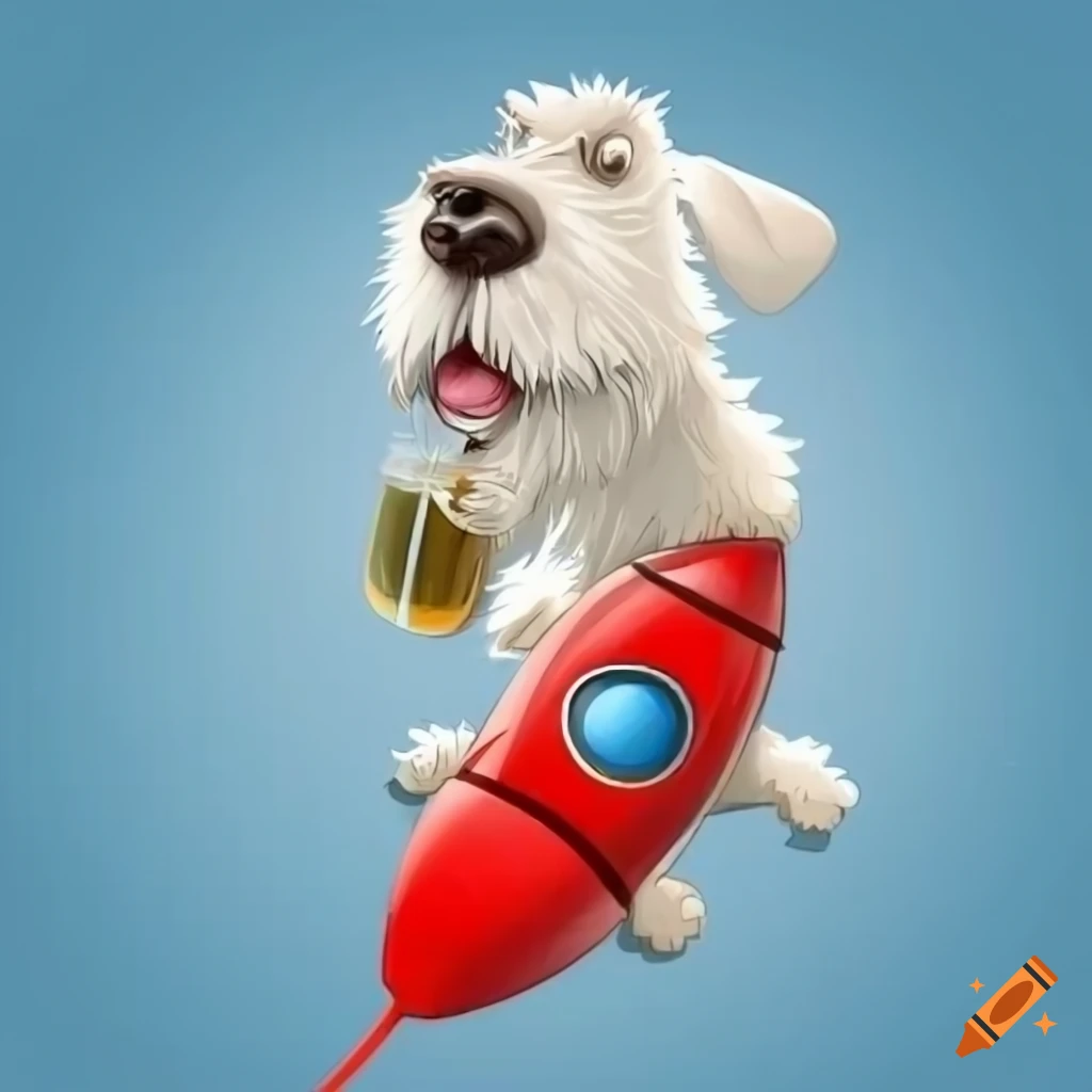 Cartoon of a scruffy white dog riding a red rocket on Craiyon