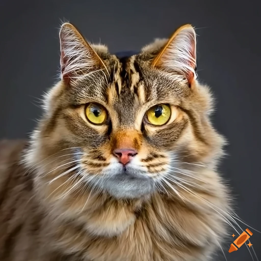 Fluffy cat with small yellow eyes and scars, and a big tail on Craiyon
