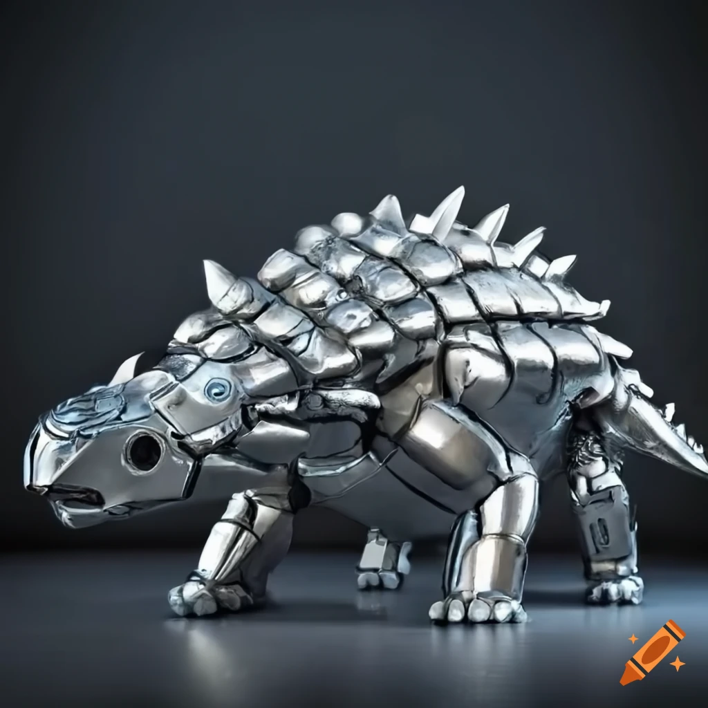 Silver metallic futuristic ankylosaurus-shaped robot on Craiyon