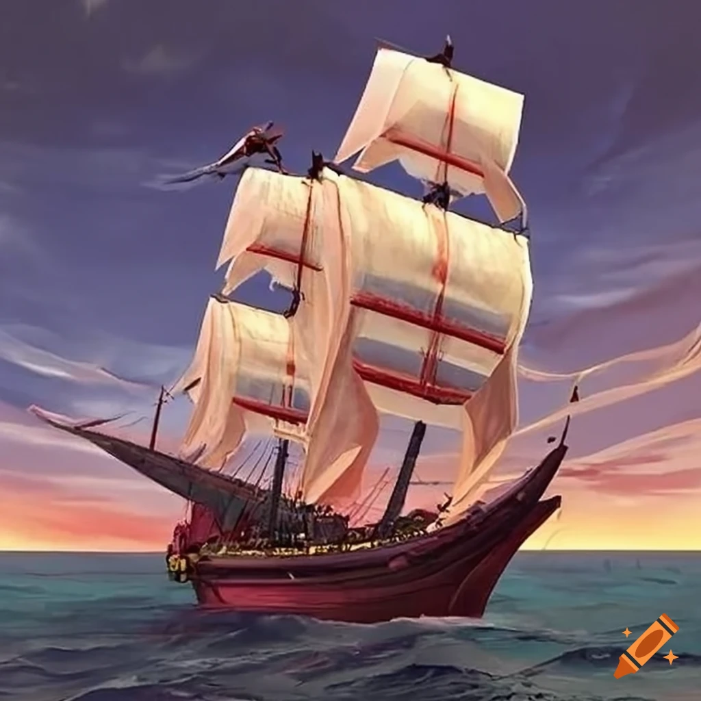 Sailing vessel flying in an Eastern mythical fantasy setting on Craiyon