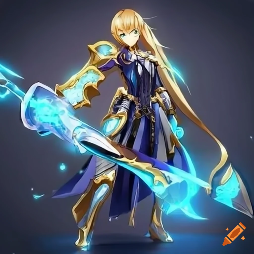 Celestial knight with light-infused weapons in anime style on Craiyon