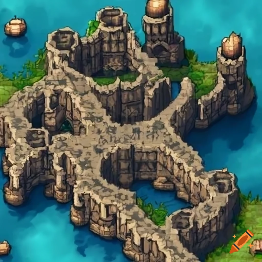 Top down view 2d art of castle ruins by a lake, rpg maker tileset on ...