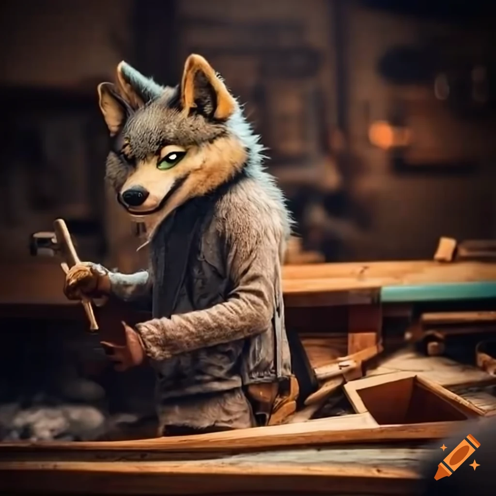 Skilled craftsman anthro wolf working on a wooden boat in a workshop on ...