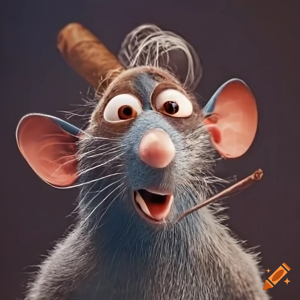 Stuart Little and Remy from Ratatouille enjoying cigars on Craiyon